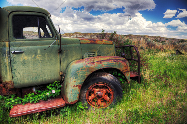 Old mining truck rusts in a field at the Atlas Coal Mine - Stock Image ...