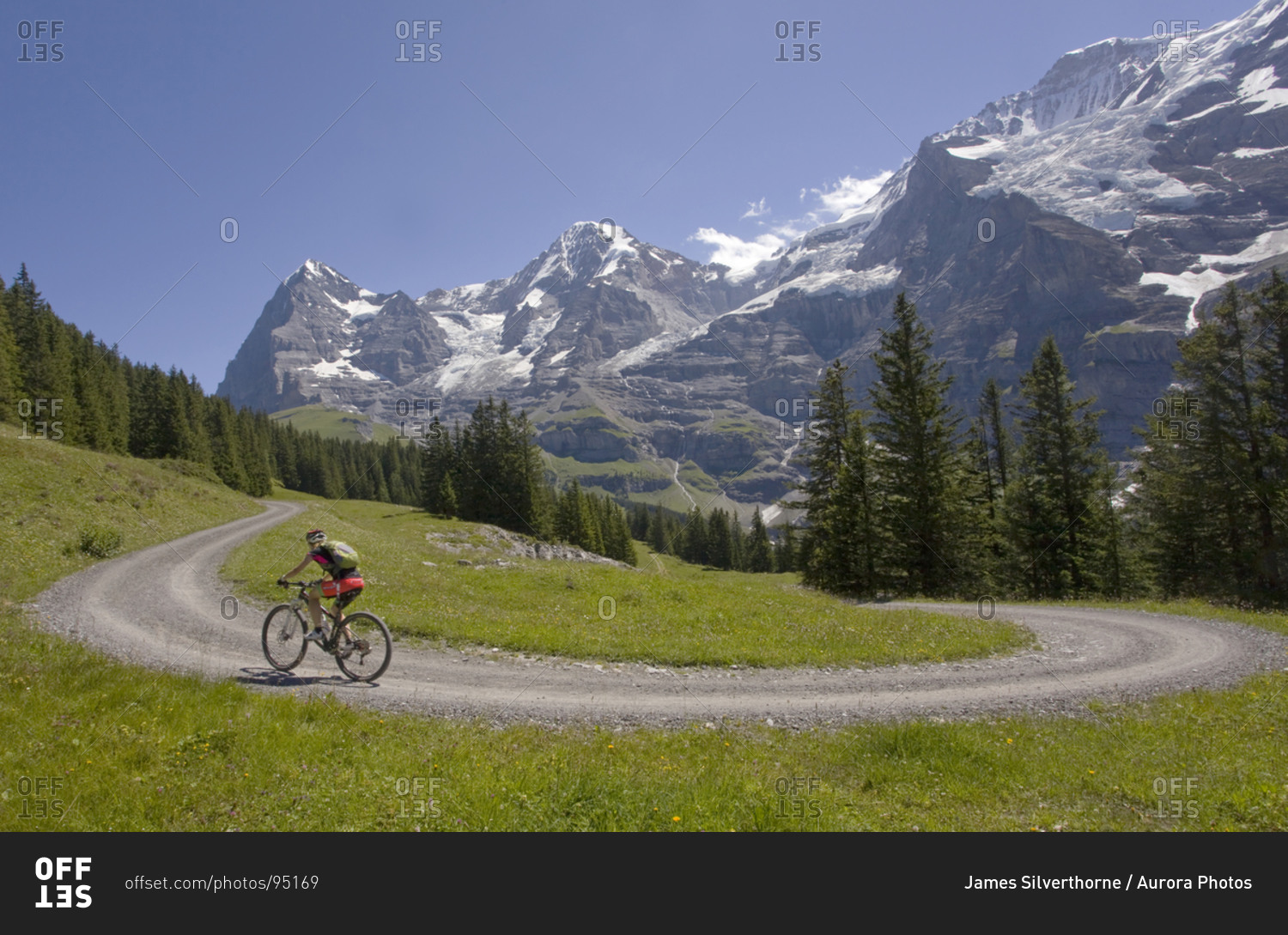 Road Cycling, Riding Road Cycling up a switchback in sunshine ...