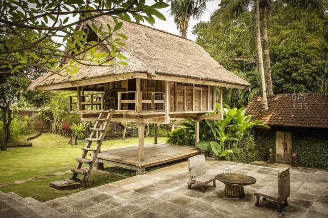 Ubud, Bali, Indonesia - January 31, 2014: Elevated thatched roof ...