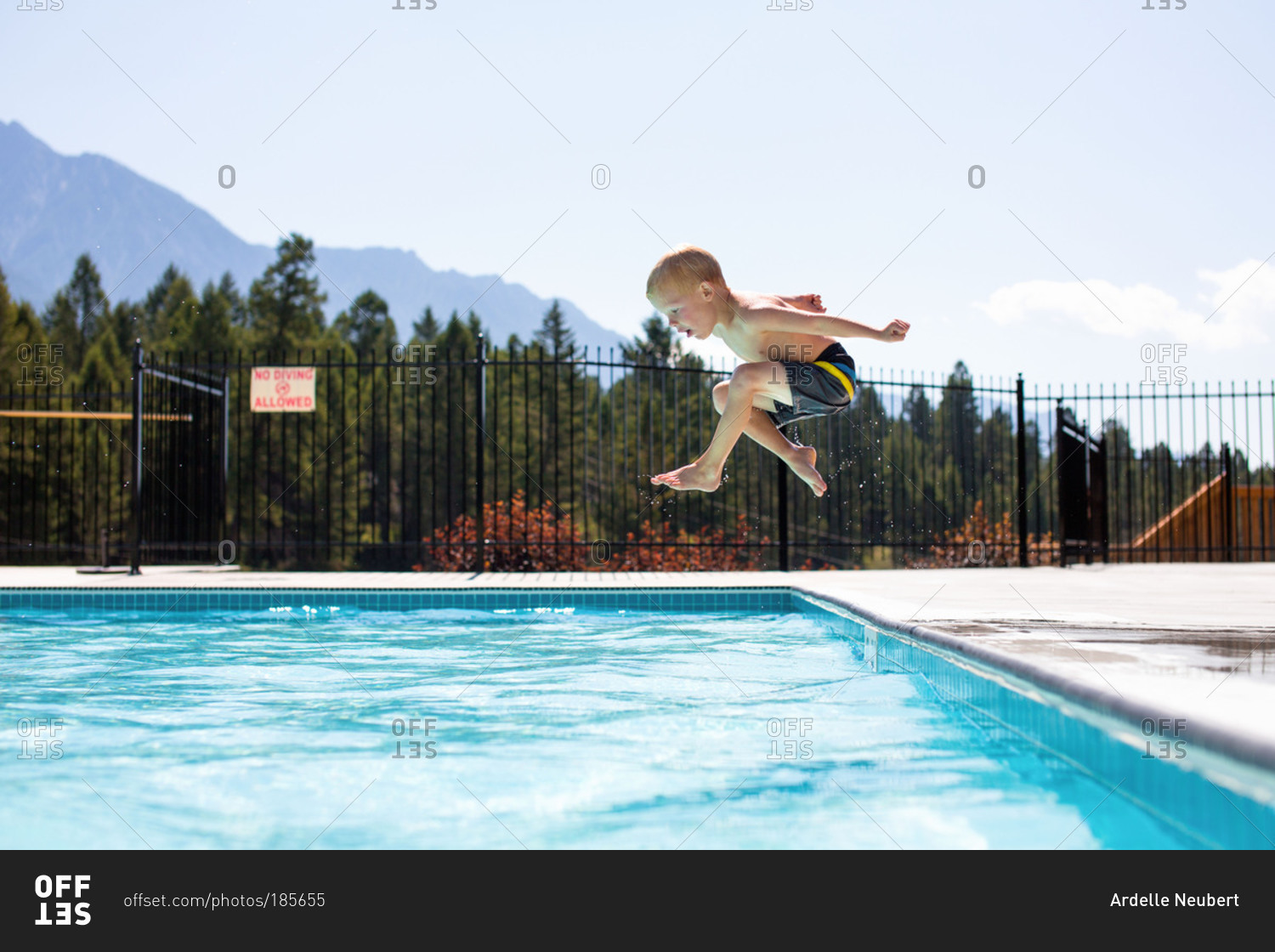 Boy jumping into a swimming pool stock photo - OFFSET