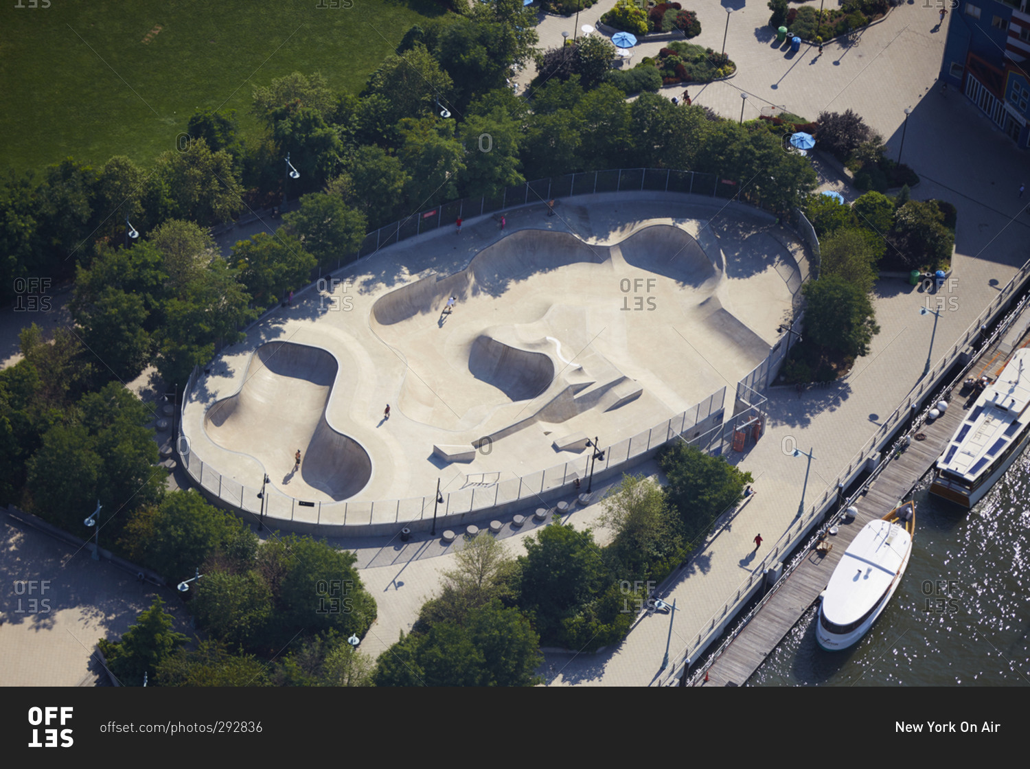 Aerial view of Pier 62 Skate park in the Hudson River Park, Manhattan ...