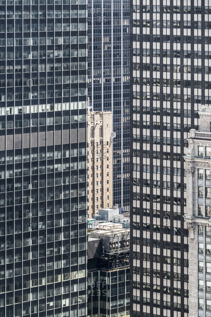Conceptual, close-up, full frame view of modern office buildings ...
