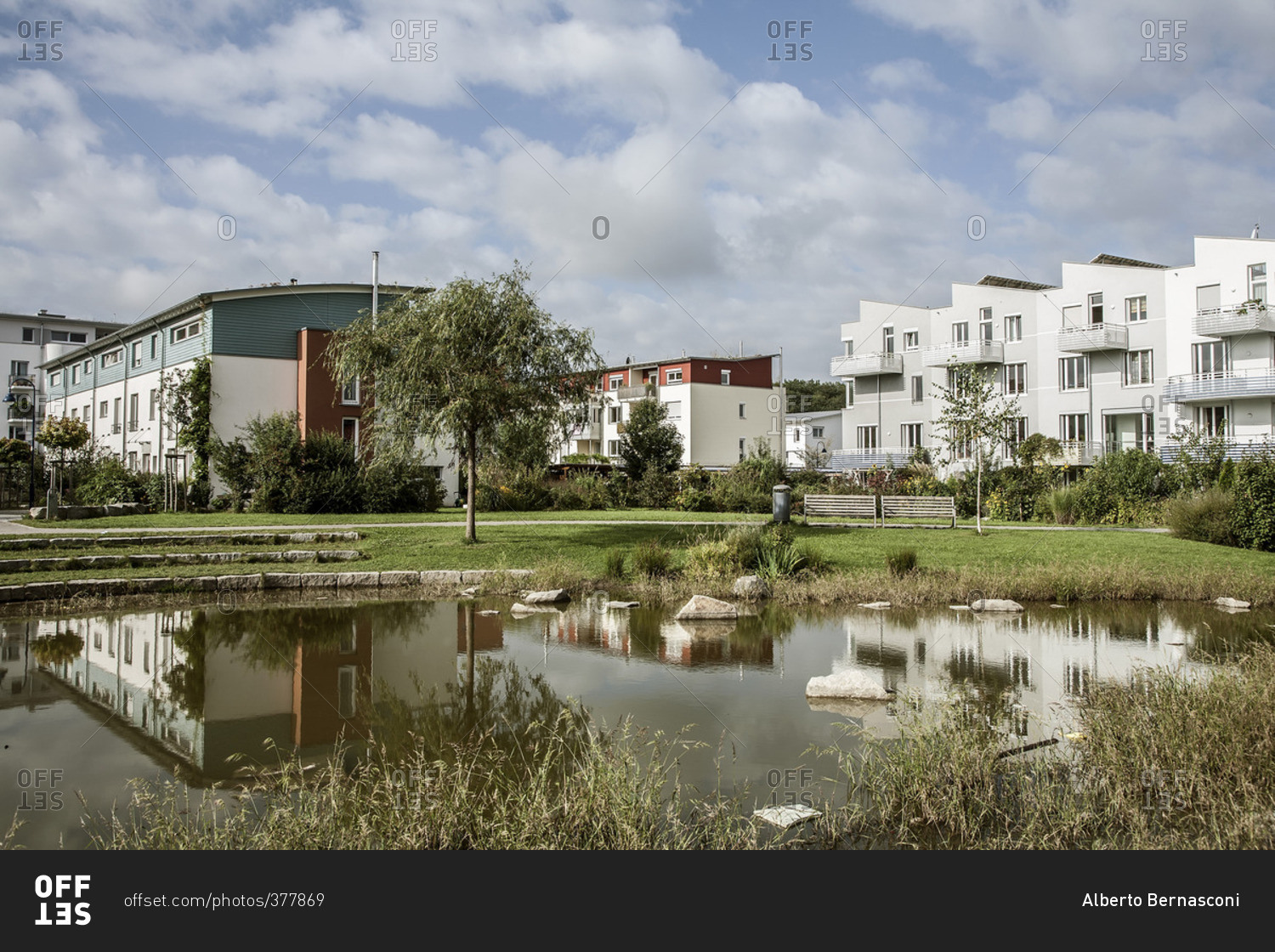 Rieselfeld residential district with pond in Freiburg, Germany stock ...