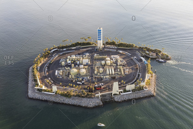 Aerial View of White Island, one of four THUMS Oil Drilling Islands off ...
