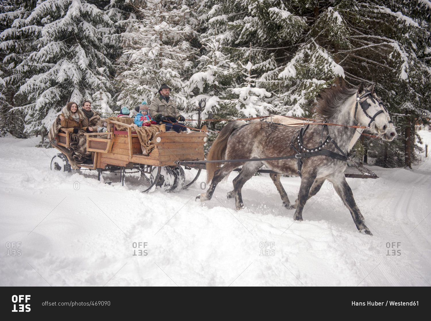 Family enjoying a ride in a horse-drawn sleigh in winter stock photo ...
