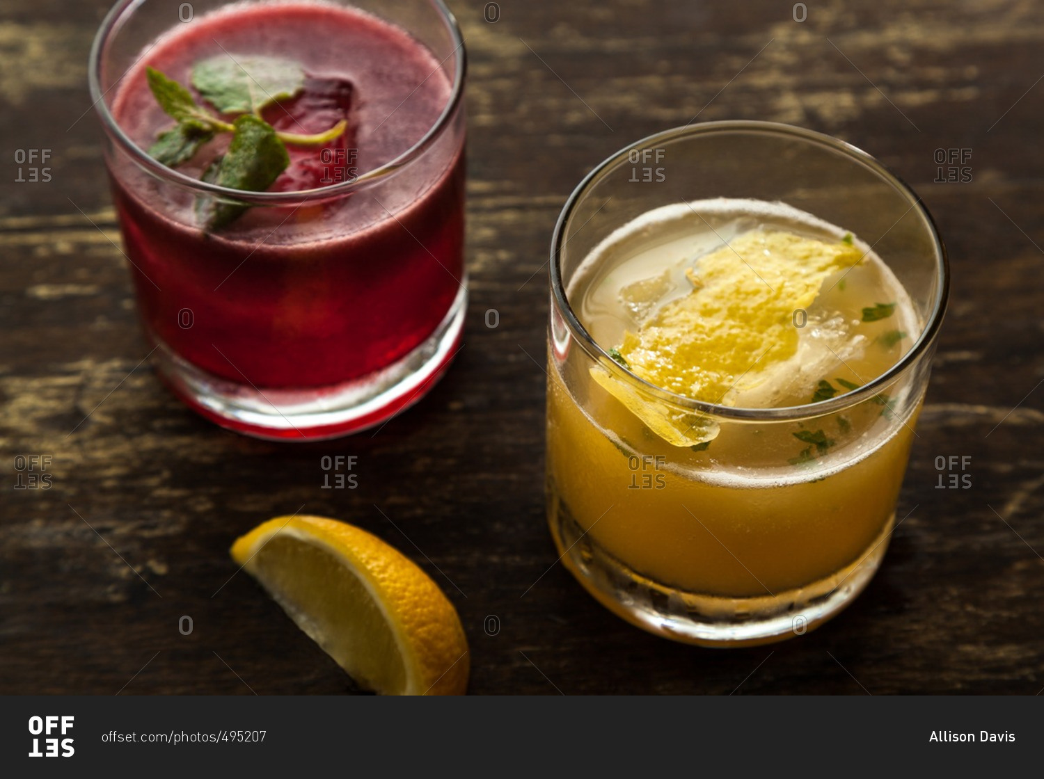 Elevated view of two cocktails in rocks glasses stock photo - OFFSET