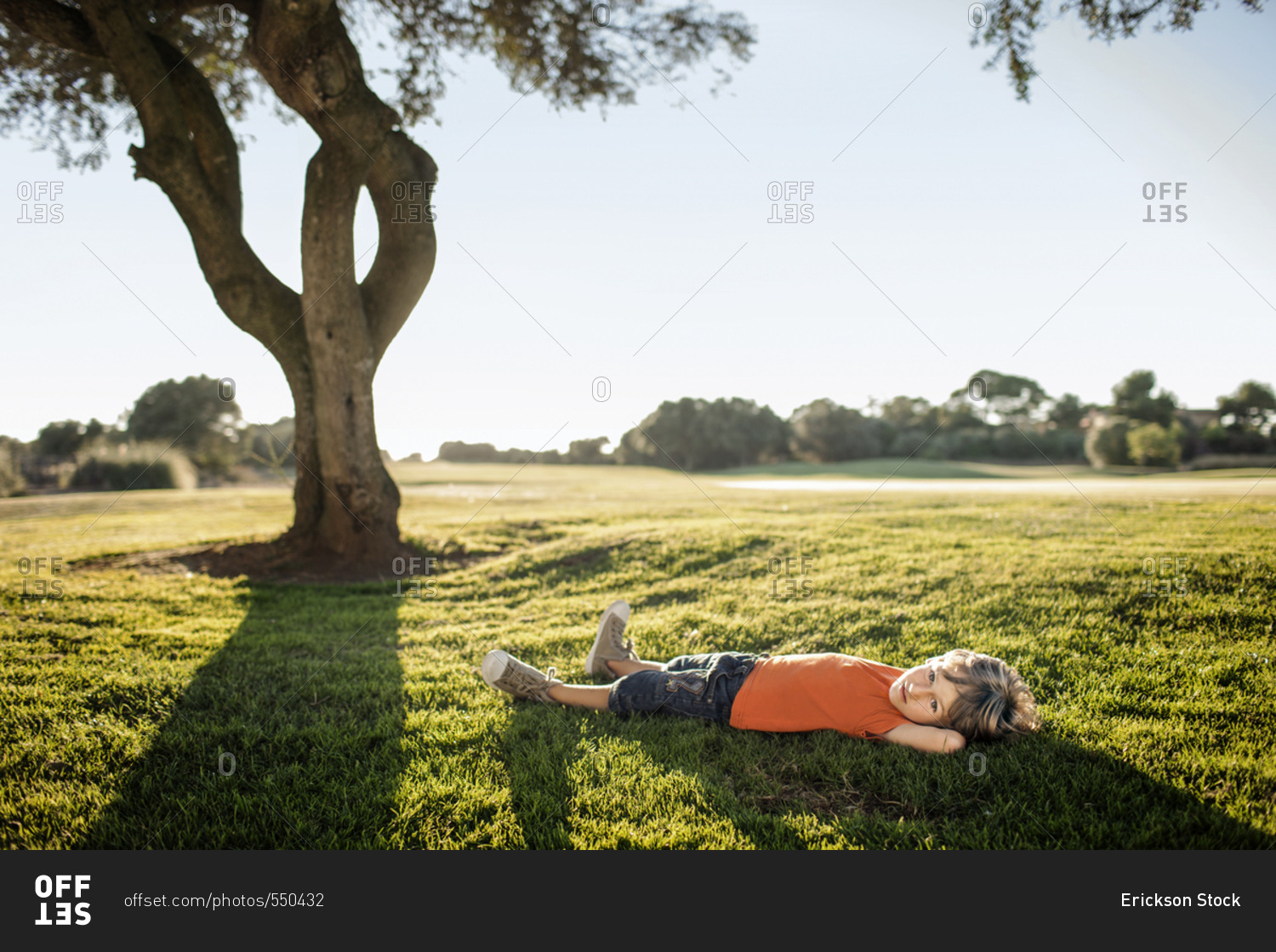 Young boy lying on the grass under a tree stock photo - OFFSET