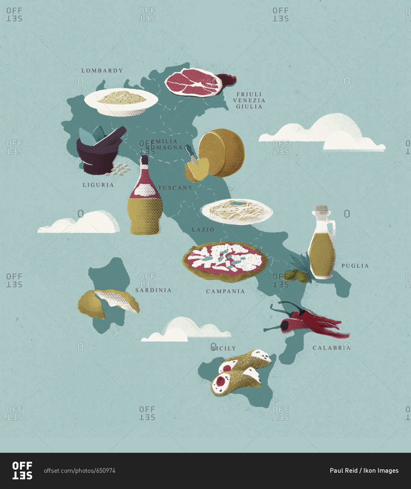 Map of Italy with traditional Italian food stock photo - OFFSET