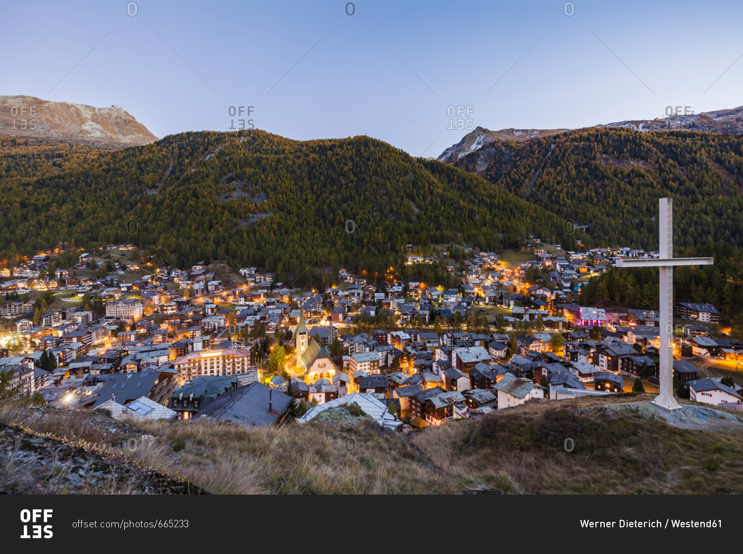 Switzerland- Valais- Zermatt- townscape in the evening- summit cross ...