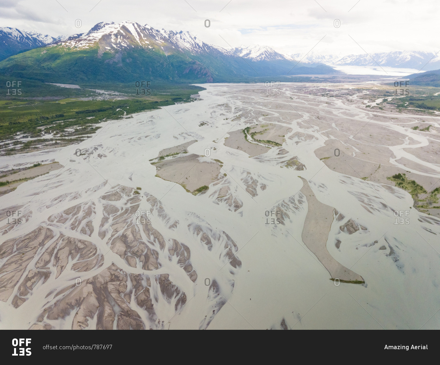 Aerial view of Knik river surrounding by mountains, Anchorage, Alaska ...