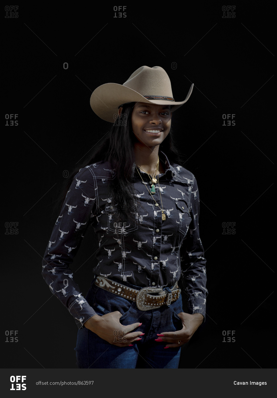United States, Arizona, Chandler - March 9, 2019: A rodeo cowgirl poses ...