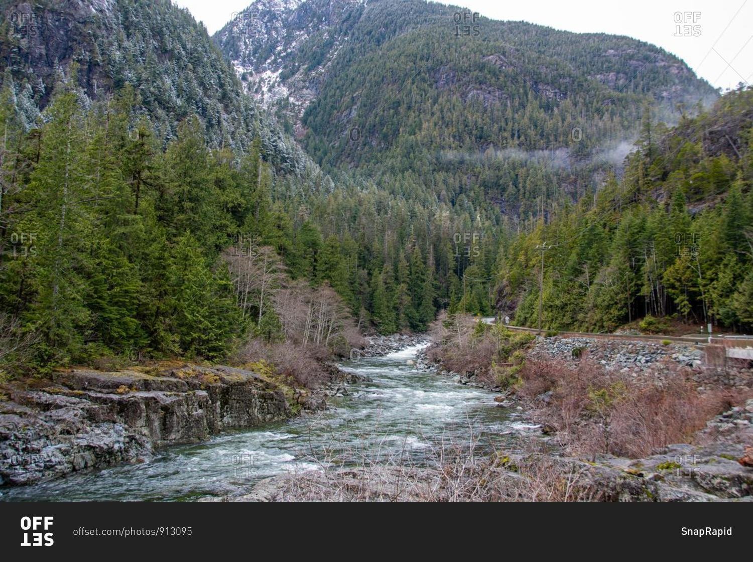River running through a rural landscape, Vancouver Island, British ...