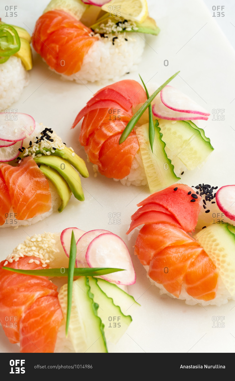 Closeup shot of sushi donuts with salmon and veggies - Stock Image ...