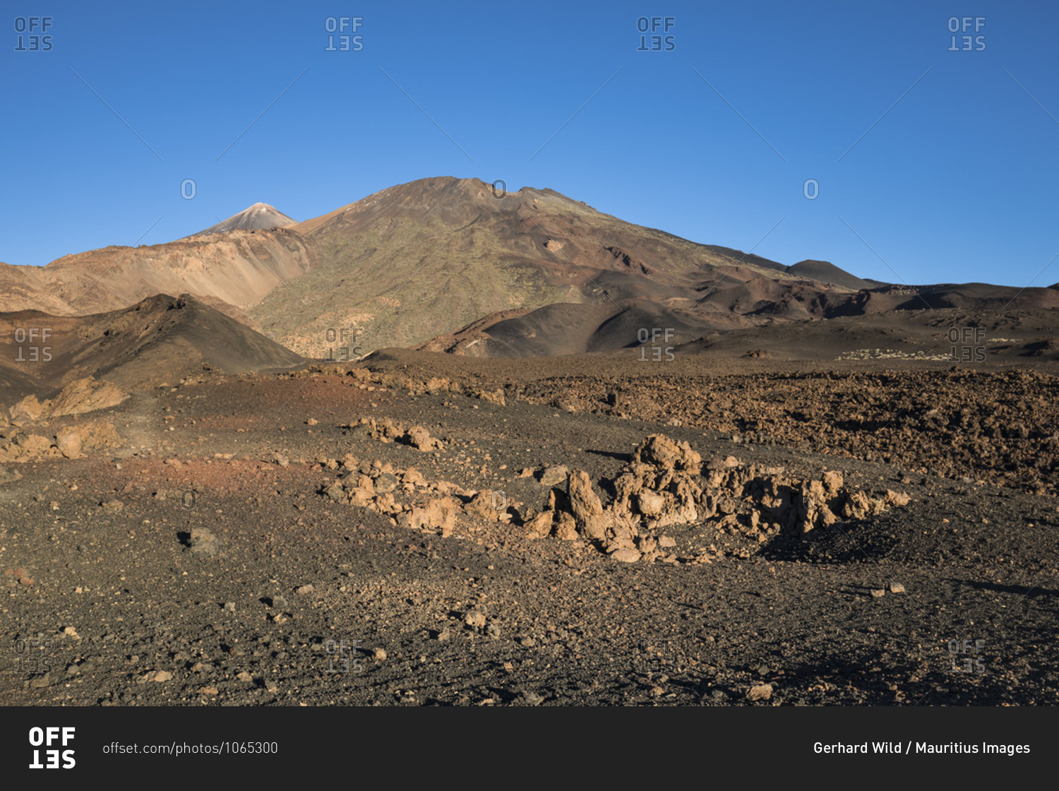 Volcanic landscape with a view of the volcanoes Pico del Teide (3718 m) and Pico Viejo (3135 m ...