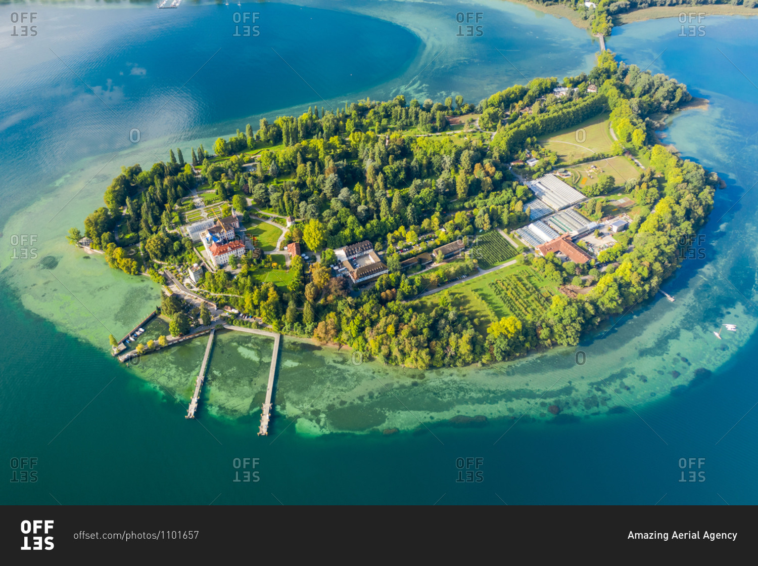 Aerial view of the beautiful little island of Mainau on Lake Constance ...