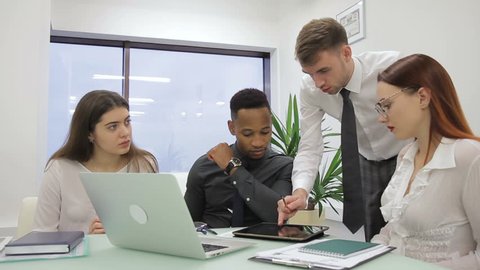 Male Boss Explains Task Three Managers Stock Footage Video (100% ...