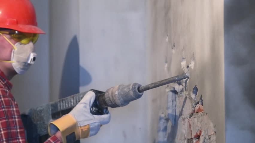 worker demolition hammer breaking interior wall Stock Footage Video ...