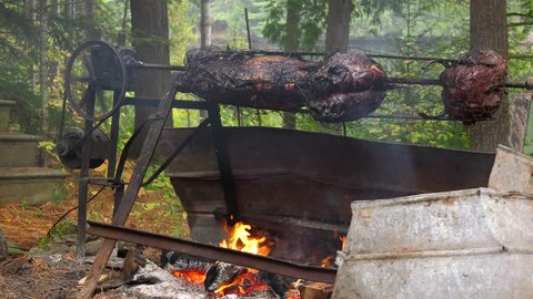 Pig Cooking Over Fire Rotating Spit Stock Footage Video (100% Royalty ...