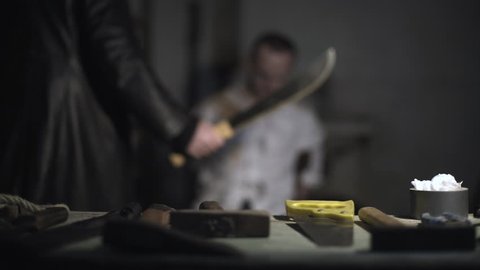 Hands Killer Takes Machete Table Knives Stock Footage Video (100% ...
