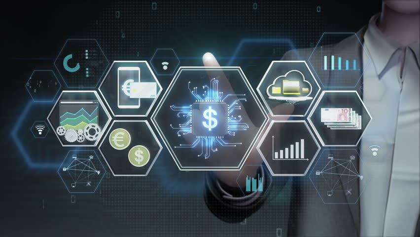 businessman touching fin-tech icon financial technology Stock Footage ...
