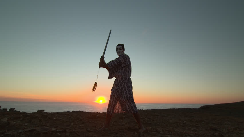 surreal scene samurai-themed man practicing sword Stock Footage Video ...
