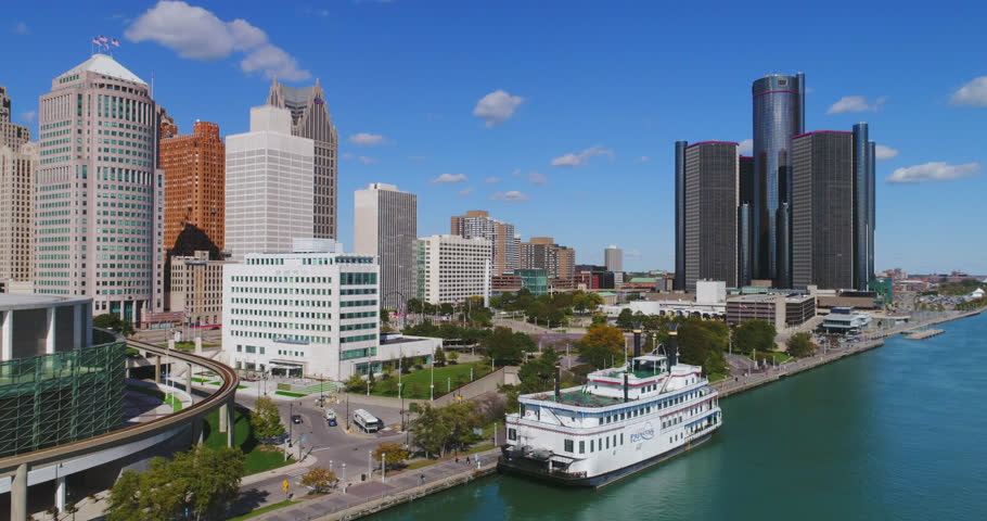 Detroit Waterfront Skyline Aerial Stock Footage Video (100% Royalty ...