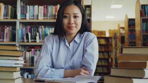 Smiling Student Girl Using Computer Library Stock Photo 447621451 ...