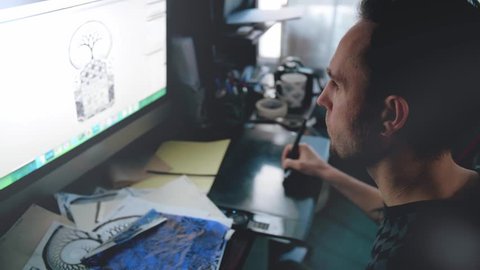 Portrait Man Designer Draws Sketch On Stock Footage Video (100% Royalty ...