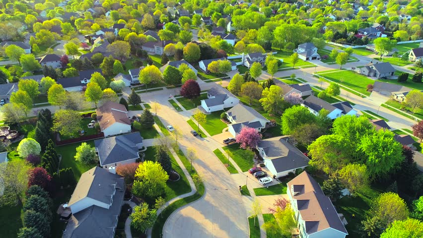 serene idyllic neighborhoods homes summertime aerial Stock Footage ...