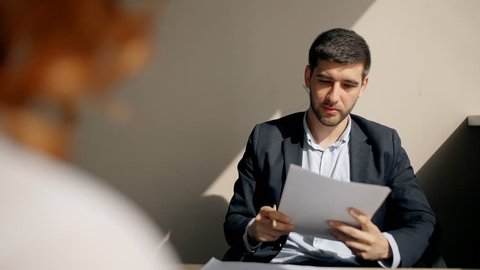 Businessman Comparing Two Documents Neutral Background Stock Photo ...