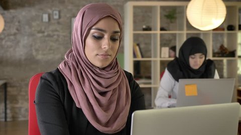 Portrait Young Muslim Women Working Serious Stock Footage Video (100% ...