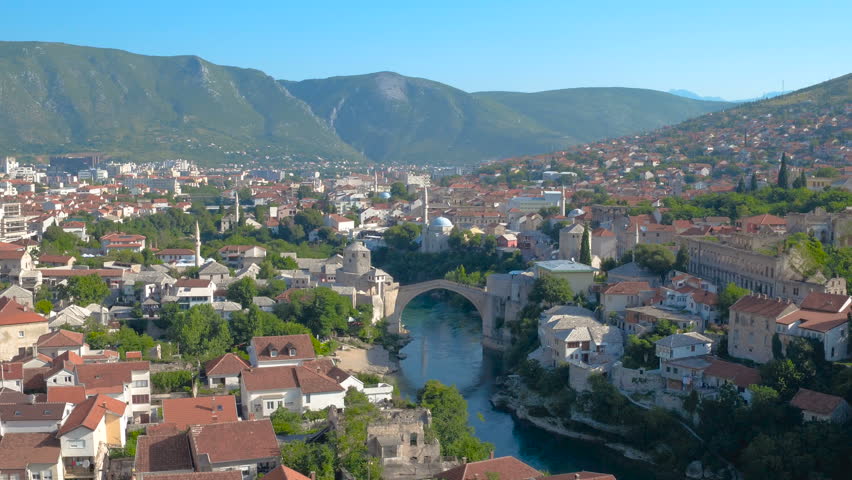 Aerial Shooting Mostar Bridge Above Stock Footage Video (100% Royalty ...