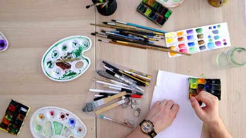 Artist Searching Painting Instrument On Table Stock Footage Video (100% ...