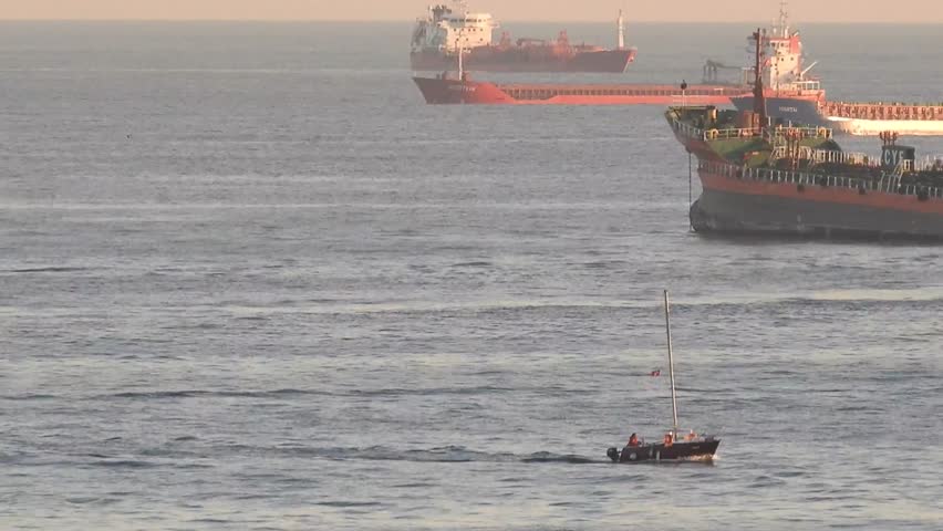 Small Boat Moving Sea Big Ships Stock Footage Video (100% Royalty-free ...