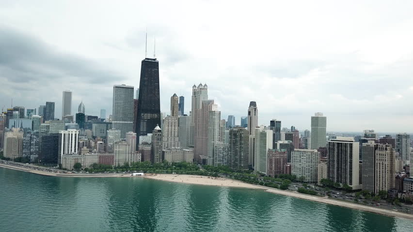 Aerial Sunrise View Chicago Skyline And Waterfront Downtown Financial