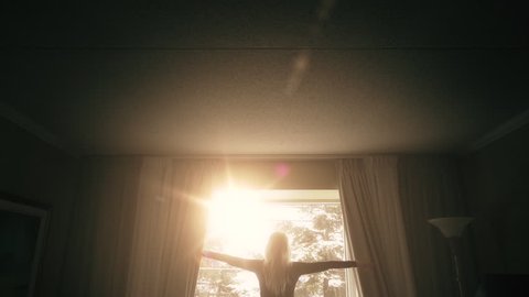 Back View Woman Closing Window Curtains Stock Footage Video (100% ...