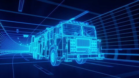 Yellow Wireframe Fire Truck Rides Through Stock Footage Video (100% ...