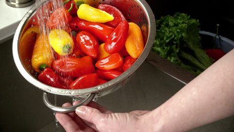 Close Peppers Being Washed Slow Motion Stock Footage Video (100% ...