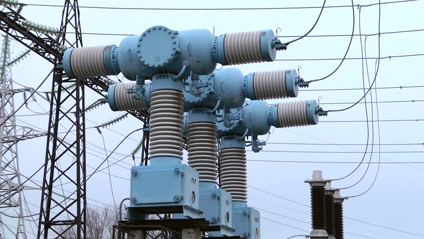 air high-voltage switches electrical poles wires Stock Footage Video ...