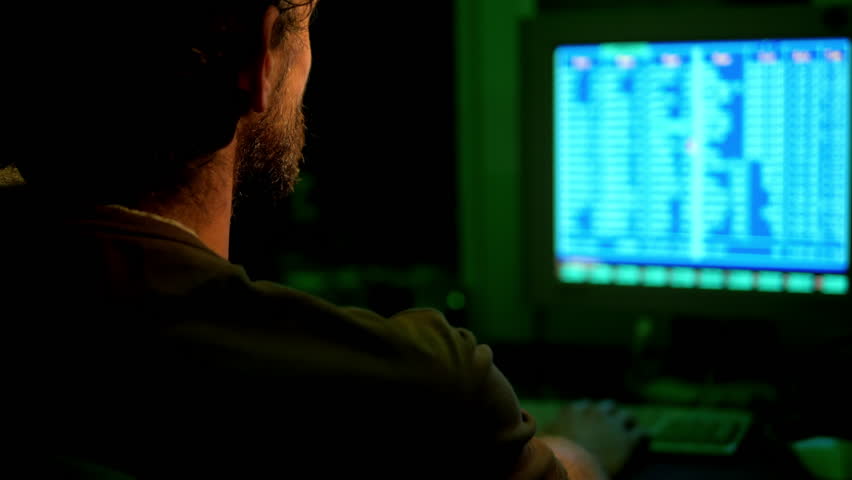 computer hacker sitting dark room front Stock Footage Video (100% ...