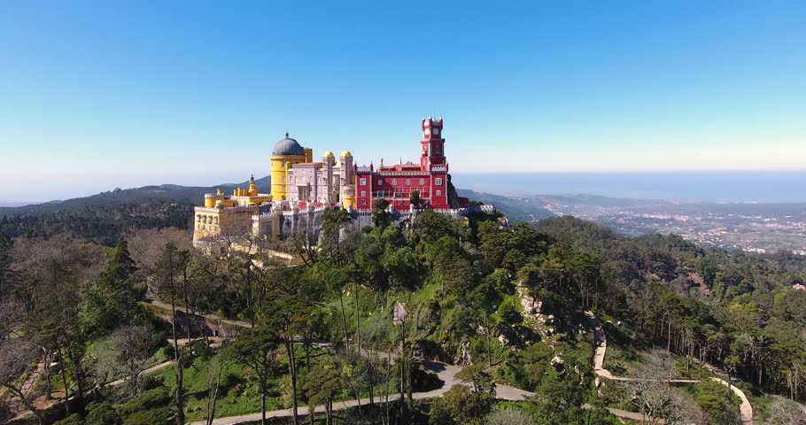 drone shot pena palace sintra mountains Stock Footage Video (100% ...