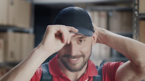 Portrait Uniformed Worker Putting On Cap Stock Footage Video (100% ...