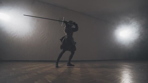 Medieval Warrior Training Twohanded Sword Indoors Stock Footage Video ...