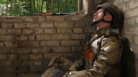 Exhausted Army Soldier Military Camouflage Holding Stock Footage Video ...