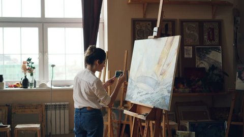 Proud Artist Taking Picture Her Masterpiece Stock Footage Video (100% ...