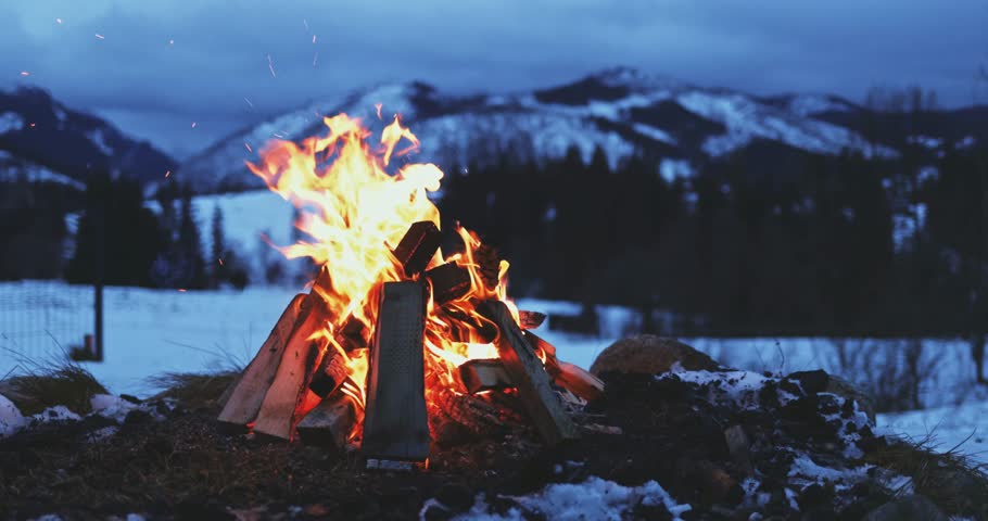 Burning Bonfire with Winter Mountains Stock Footage Video (100% Royalty ...