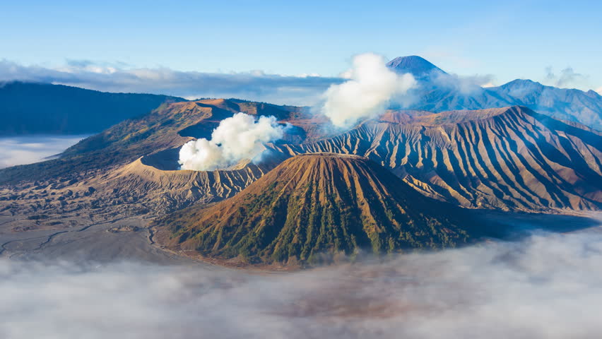 beautiful volcano misty floating around hillside Stock Footage Video ...