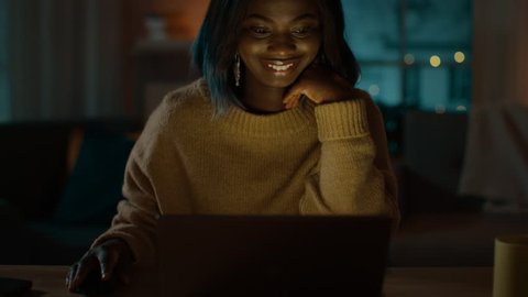 Portrait Beautiful Black Girl Uses Computer Stock Footage Video (100% ...
