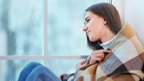 Happy Beautiful Woman Wrap Oneself Warm Stock Footage Video (100% ...