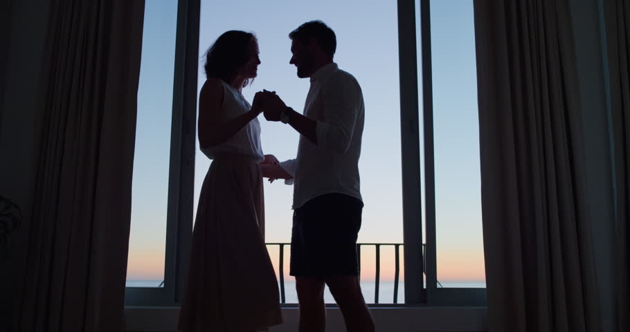 silhouette happy couple dancing hotel room Stock Footage Video (100% ...